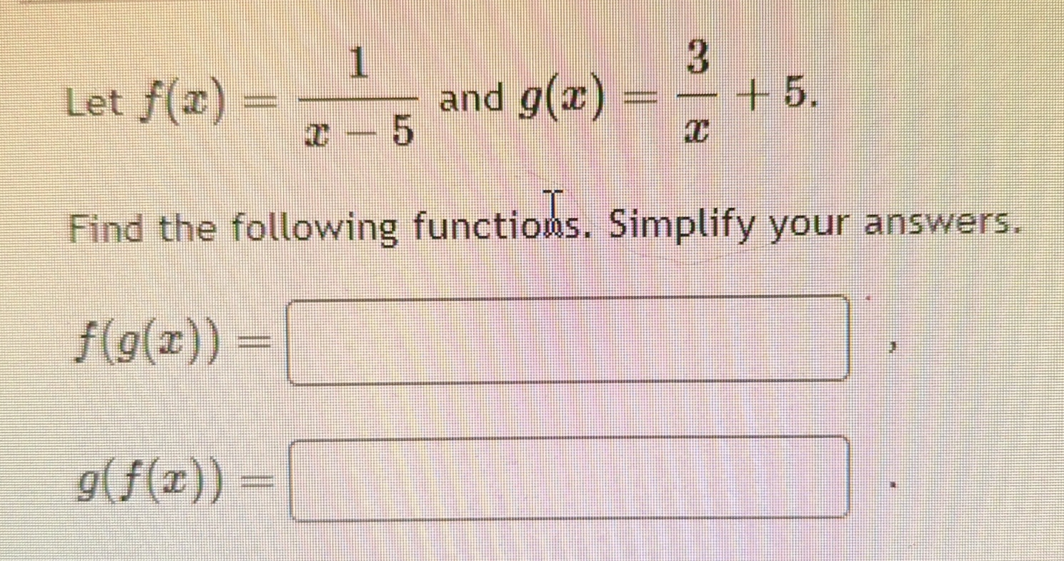 Solved Let f(x)=1x-5 ﻿and g(x)=3x+5Find the following | Chegg.com