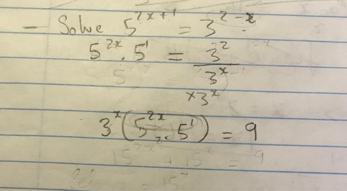 Solved we 52x+1=32−x 52x⋅51=3x32×3x 3x(52x⋅51)=9 | Chegg.com