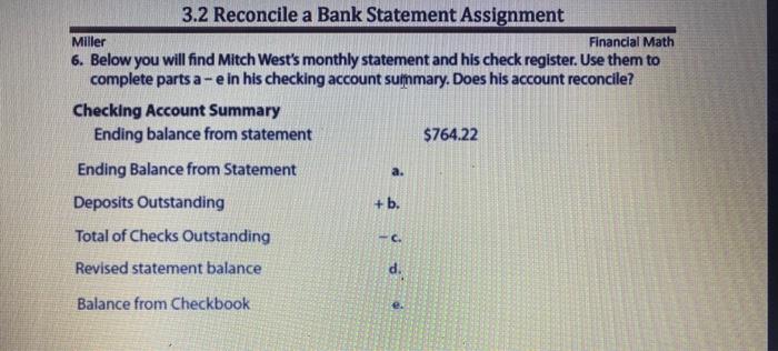 Solved Financial Math 3.2 Reconcile a Bank Statement | Chegg.com