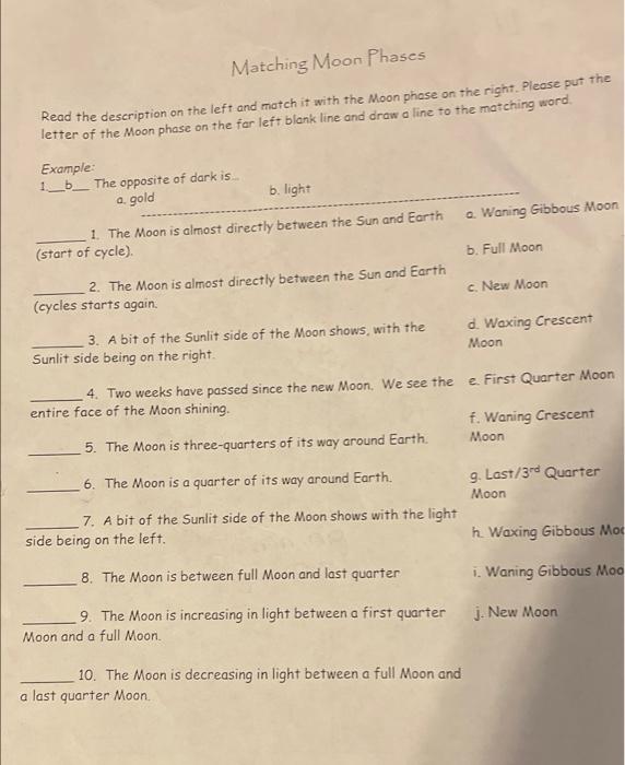 Solved Matching Moon Phases Read the description on the left | Chegg.com