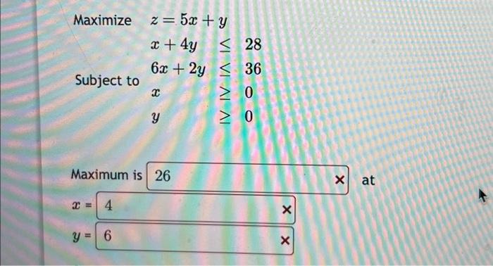 Solved Maximize Subject to X = 4 z = 5x+y x + 4y 6x + 2y y = | Chegg.com
