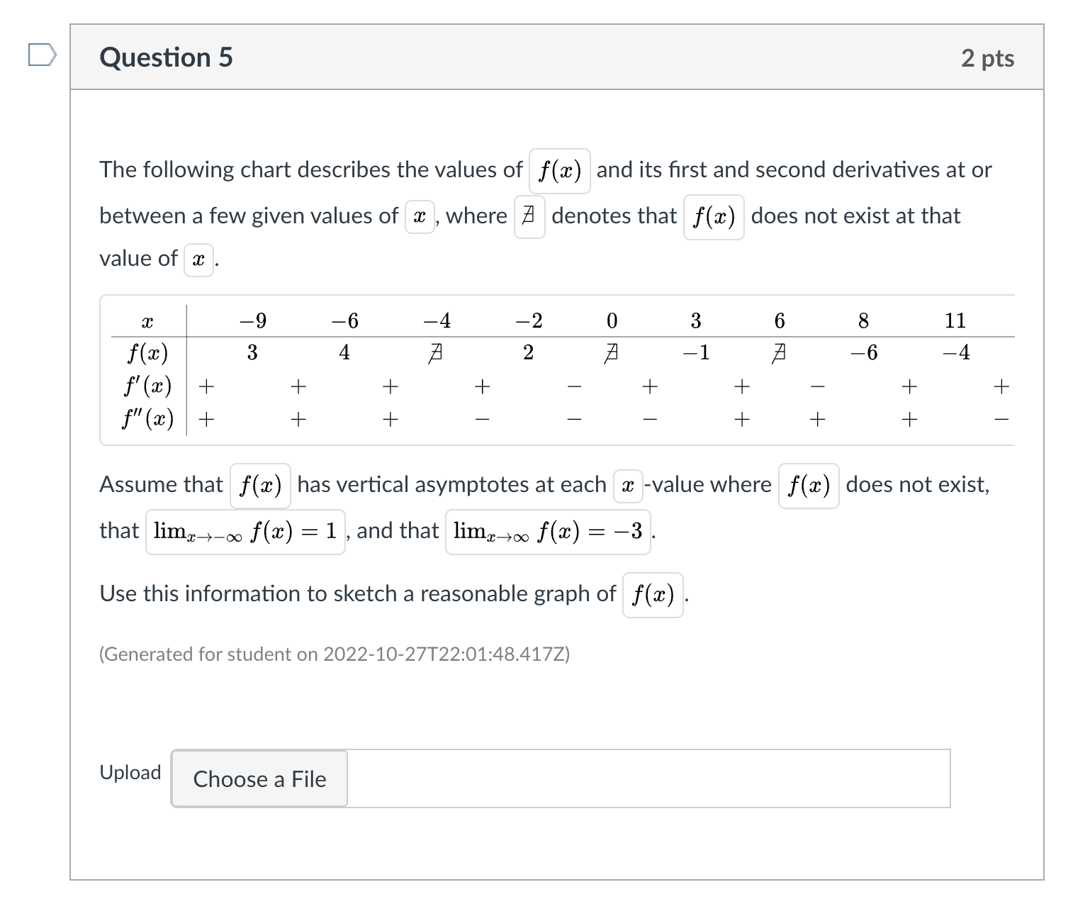 Question 5The following chart describes the values | Chegg.com