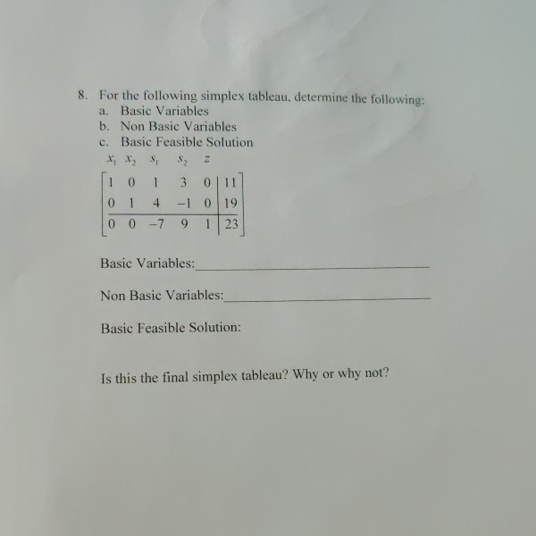 Solved 8. For the following simplex tableau, determine the | Chegg.com