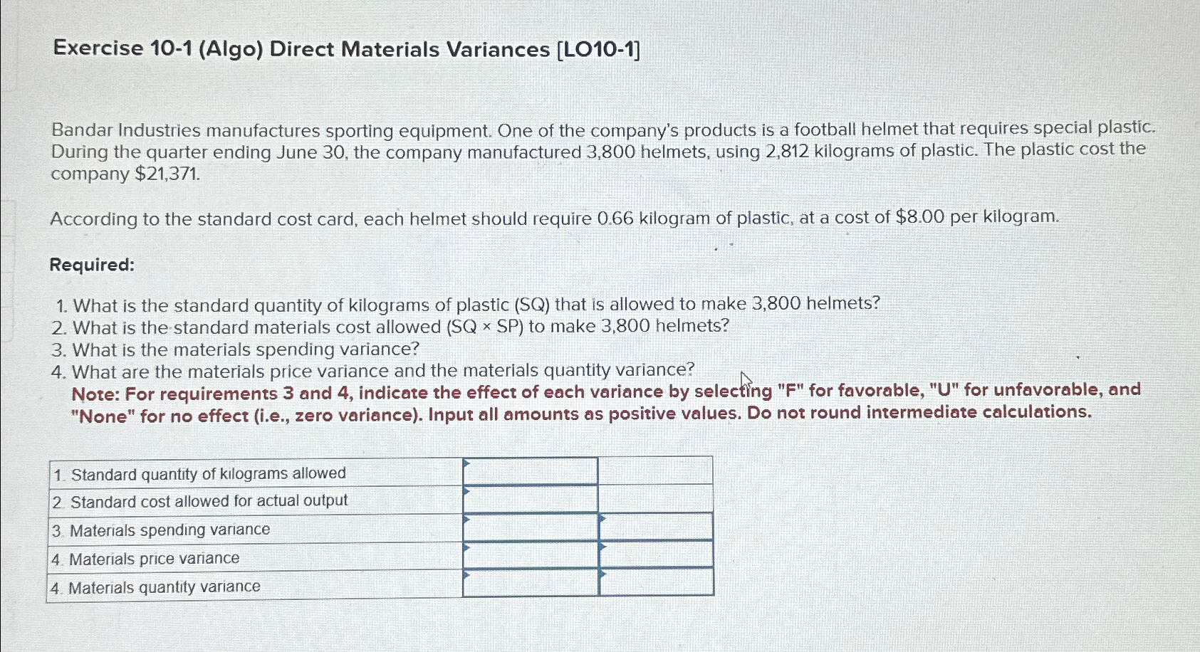 Solved Exercise 10-1 (Algo) ﻿Direct Materials Variances | Chegg.com
