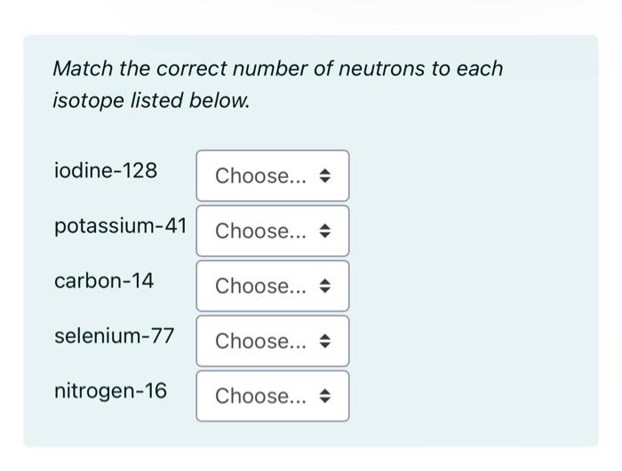 Solved Match the correct number of neutrons to each isotope | Chegg.com