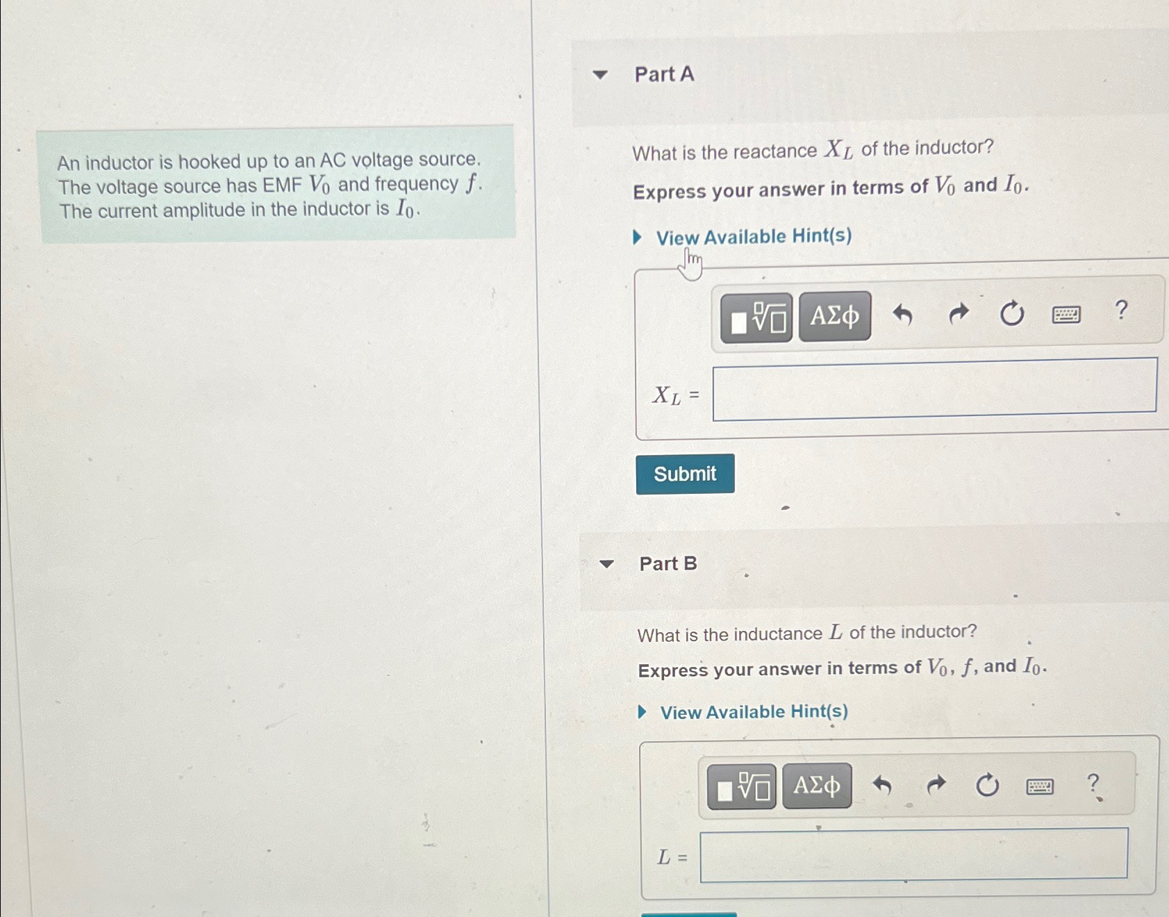 Solved Part Aan Inductor Is Hooked Up To An Ac ﻿voltage