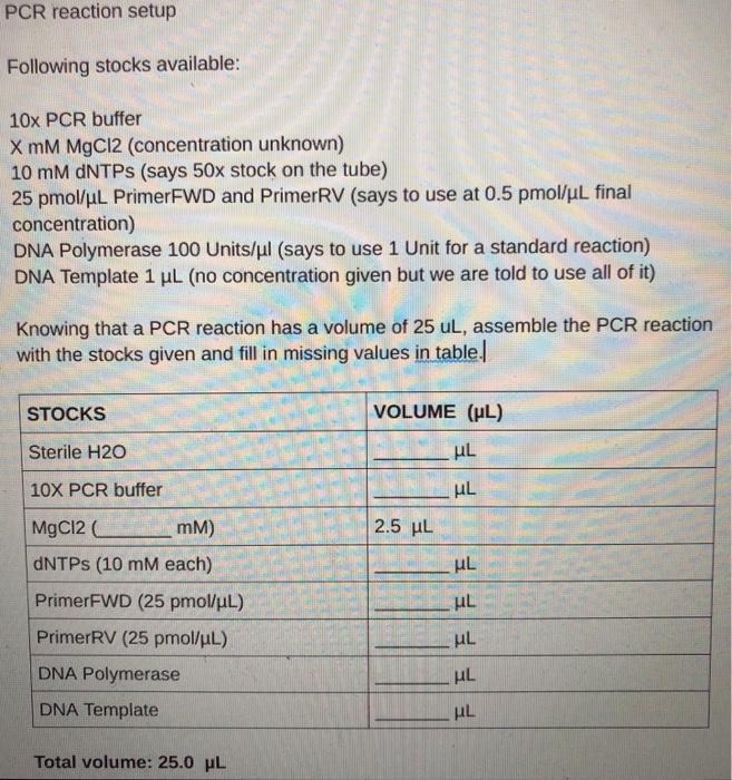 Solved PCR reaction setup Following stocks available: 10x | Chegg.com