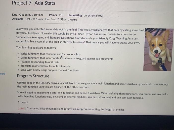 Solved Project 7- Ada Stats Due Oct 18 by 11:59pm Points 25 | Chegg.com