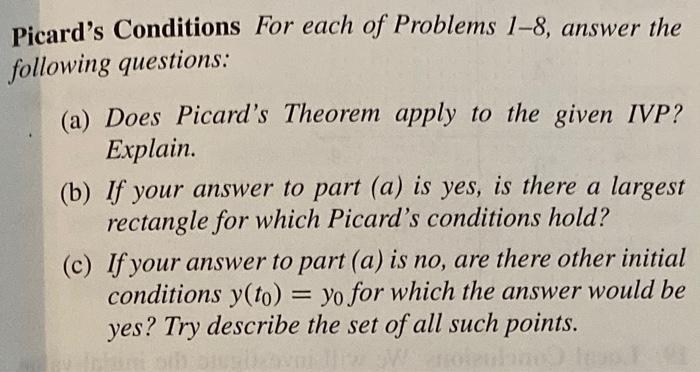Solved Picard's Conditions For each of Problems 1-8, answer | Chegg.com