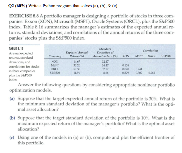 Solved Q2 (60%) ﻿Write a Python program that solves | Chegg.com