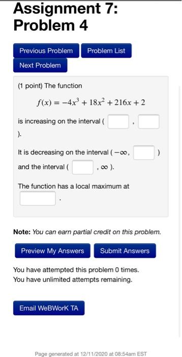 Solved Assignment 7 Problem 4 Problem List Previous Problem 5082