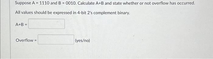 Solved Suppose A = 1110 and B = 0010. Calculate A+B and | Chegg.com