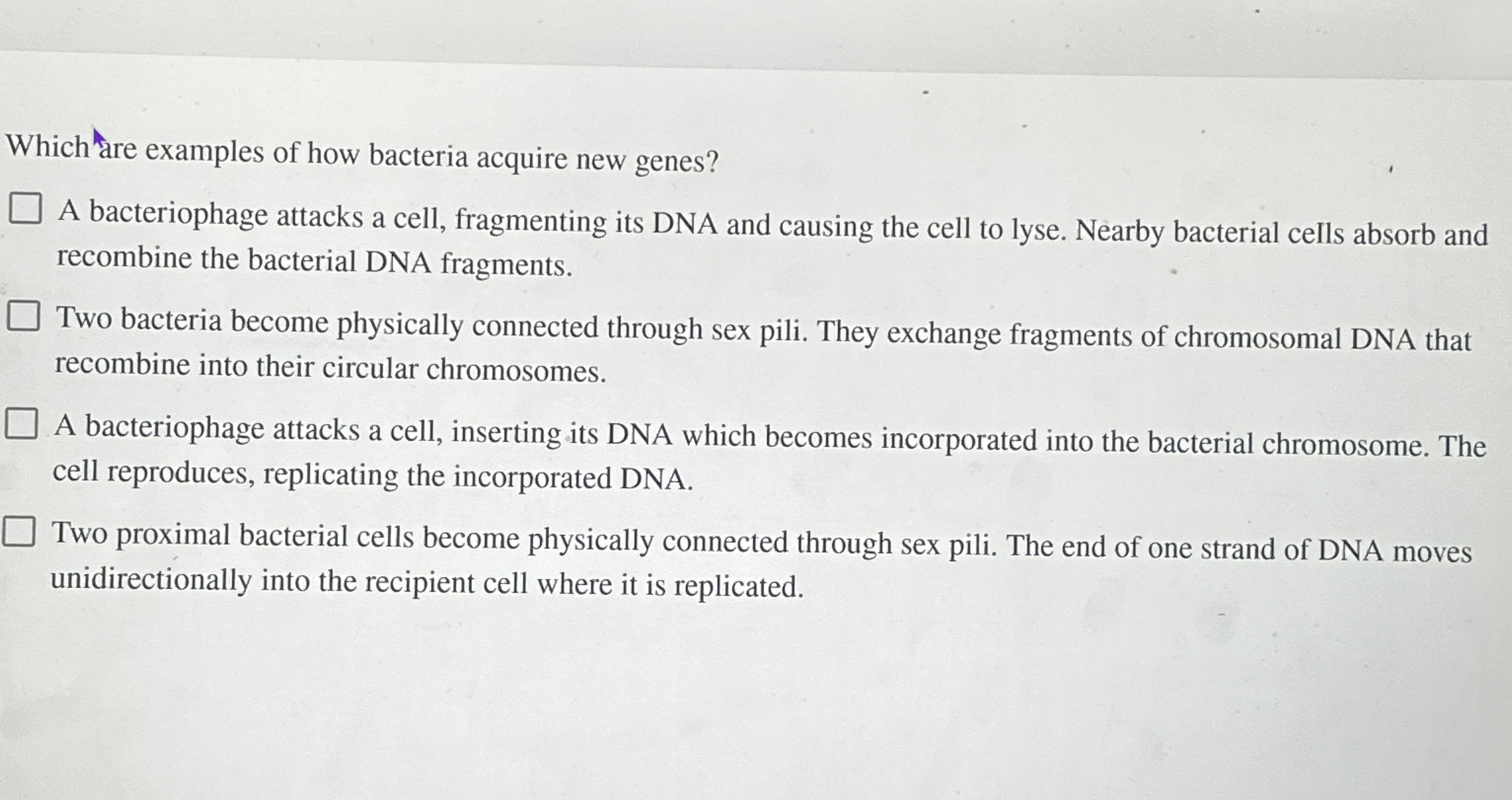 Solved Which are examples of how bacteria acquire new | Chegg.com