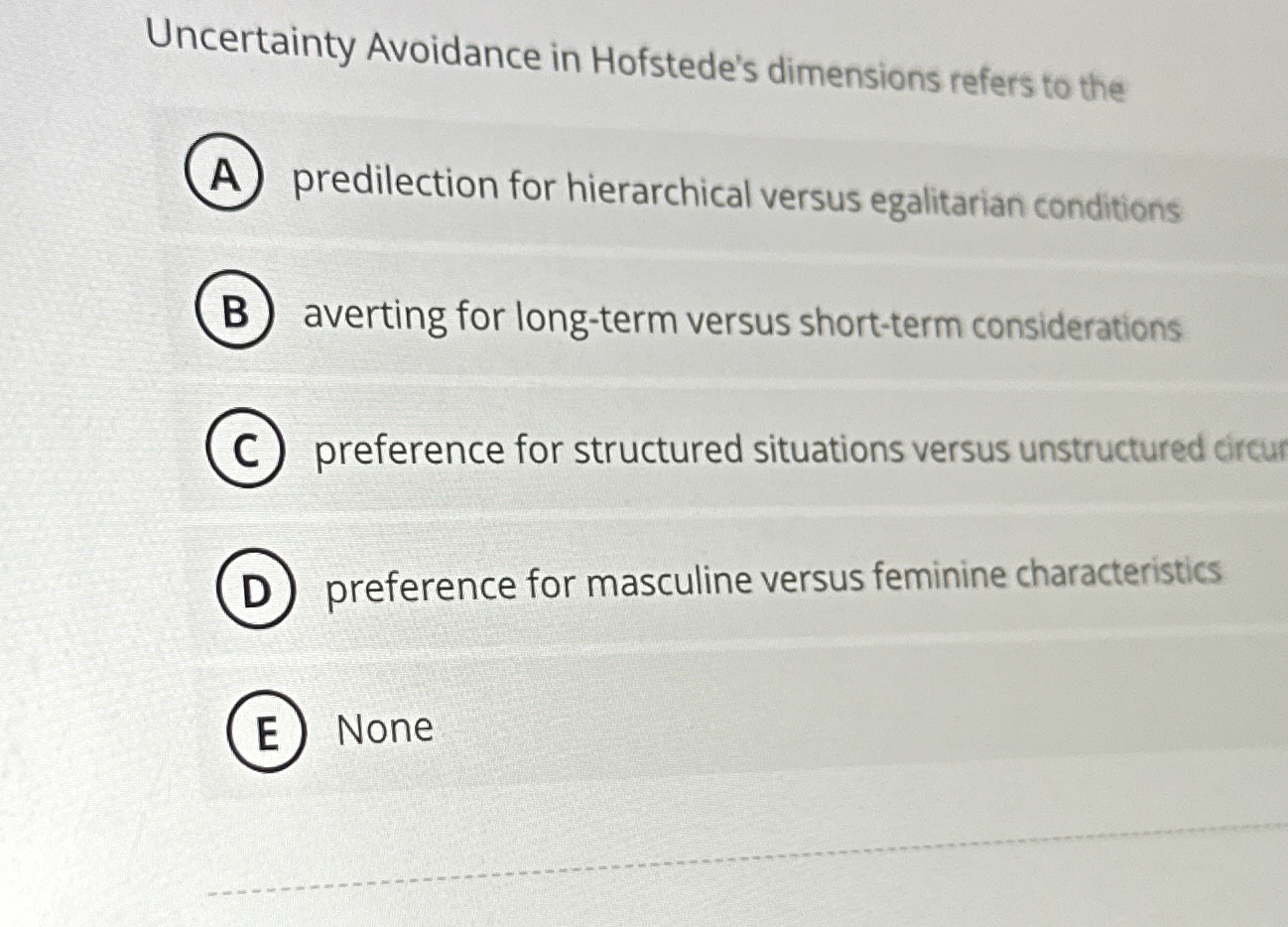Solved Uncertainty Avoidance in Hofstede's dimensions refers | Chegg.com