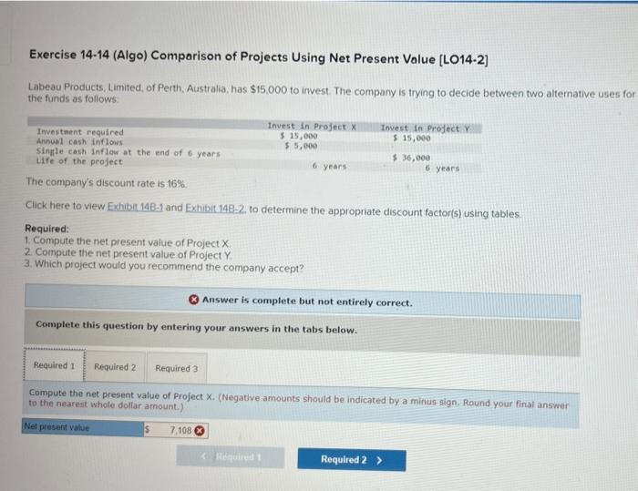 Solved Exercise 14-14 (Algo) Comparison of Projects Using | Chegg.com