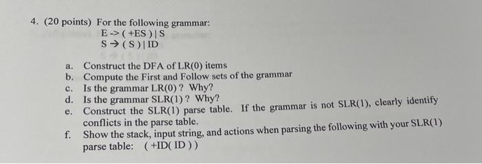 Solved (20 points) For the following grammar: | Chegg.com