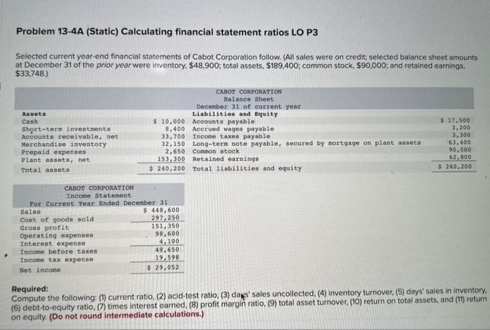 Solved Problem 13-4A (Static) Calculating financial | Chegg.com