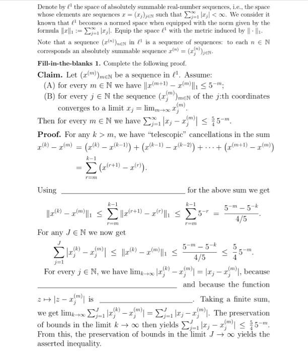 Solved a Denote by the space of absolutely summable | Chegg.com
