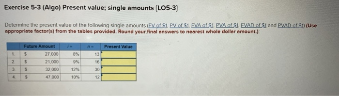 Solved Exercise 5-3 (Algo) Present value; single amounts | Chegg.com
