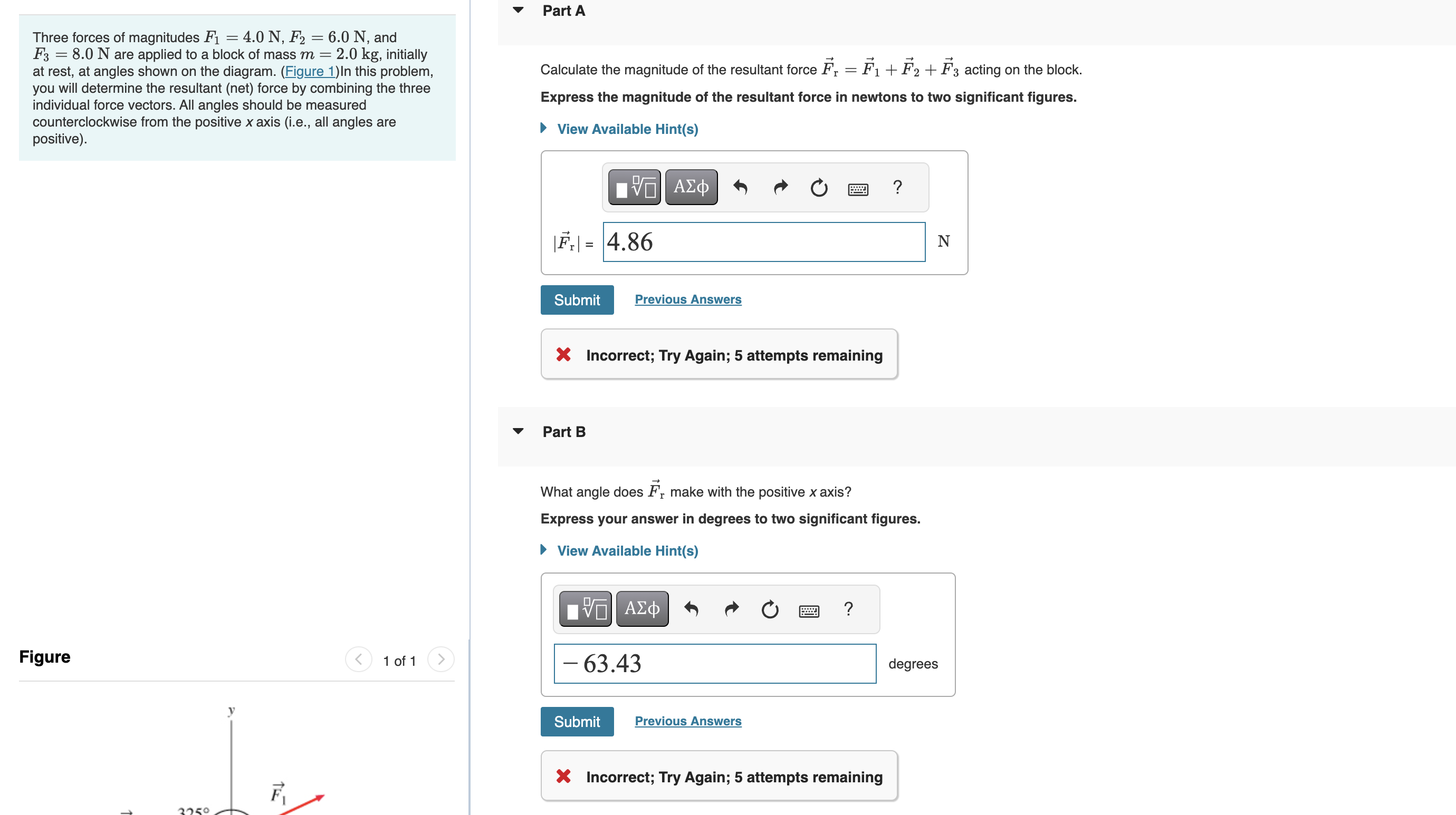 Solved Three forces of magnitudes F1=4.0N,F2=6.0N, | Chegg.com