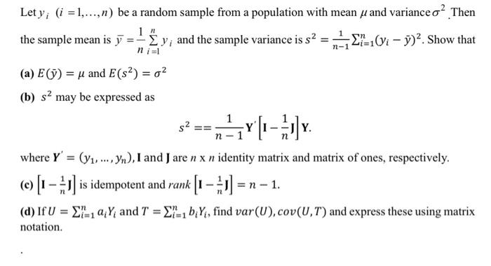 Solved Let yi(i=1,…,n) be a random sample from a population | Chegg.com