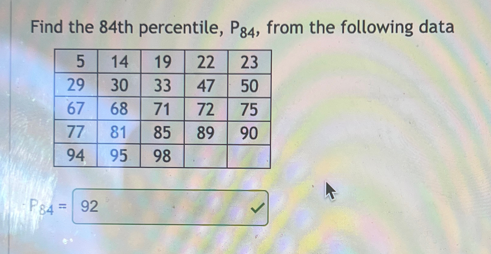 Solved Find the 84th percentile, P84, ﻿from the following | Chegg.com