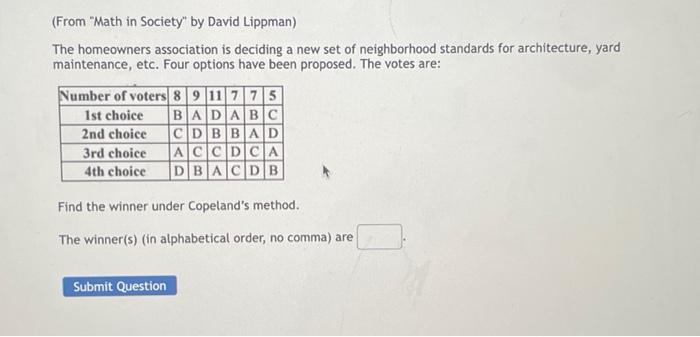 Solved (From "Math in Society" by David Lippman) The | Chegg.com