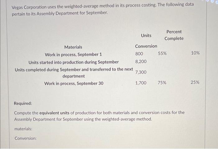 [Solved]: Vegas Corporation uses the weighted-average metho
