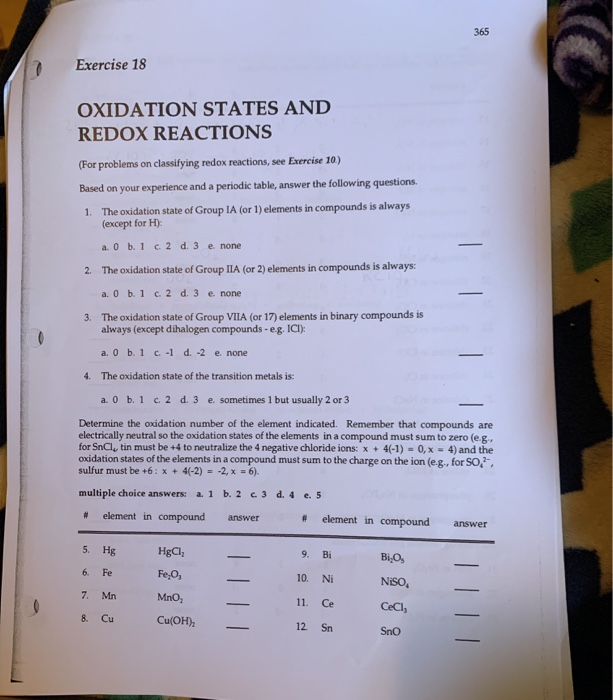 Solved Exercise 18 OXIDATION STATES AND REDOX REACTIONS (For | Chegg.com
