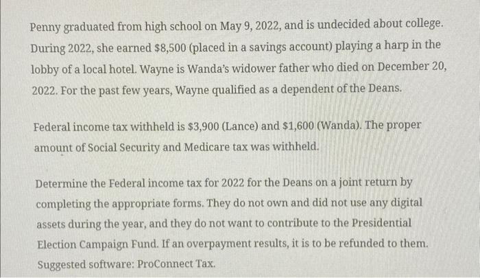 Solved Lance H. and Wanda B. Dean are married and live at | Chegg.com