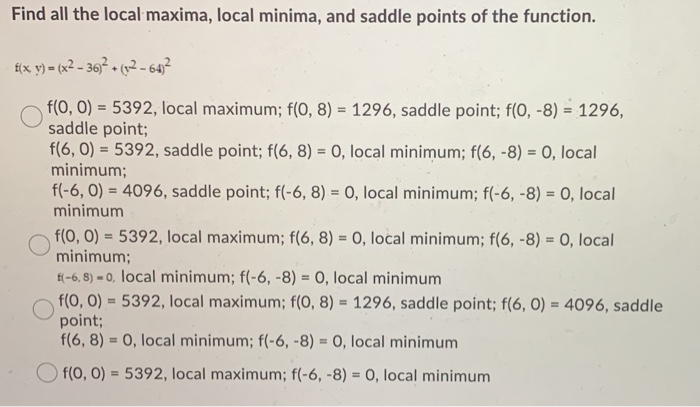 Solved Find all the local maxima, local minima, and saddle | Chegg.com
