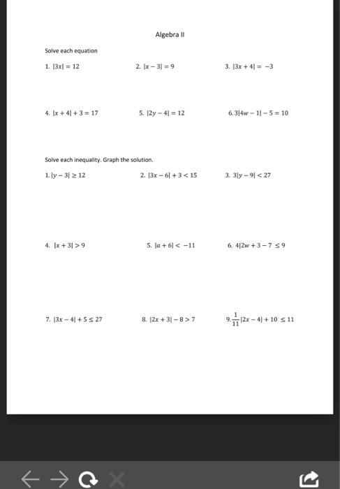 Solved Algebra II Solve each equation 1. 13x1 = 12 2. IX-3 = | Chegg.com