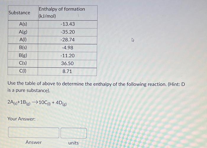 Solved Use the table of above to determine the enthalpy of | Chegg.com