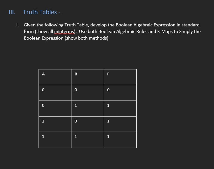 Solved III. Truth Tables -I. Given the following Truth | Chegg.com