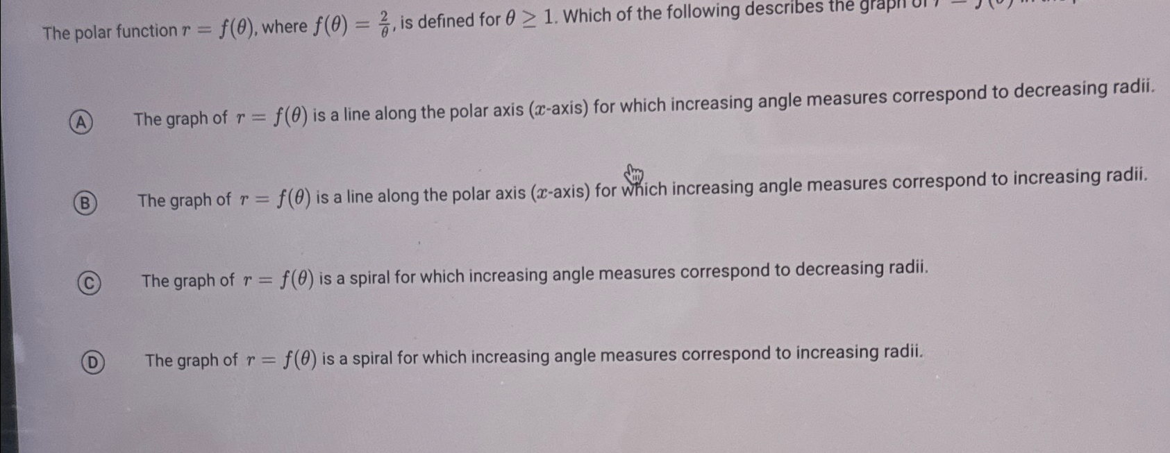 Solved The polar function r=f(θ), ﻿where f(θ)=2θ, ﻿is | Chegg.com