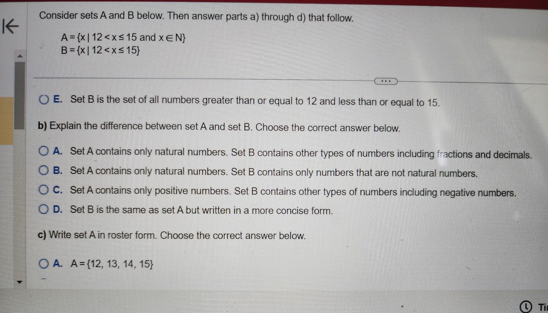 Solved Consider sets A and B below. Then answer parts a) | Chegg.com