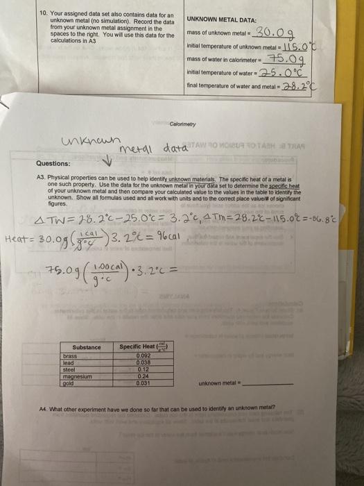 Solved UNKNOWN METAL DATA: 10. Your assigned data set also | Chegg.com