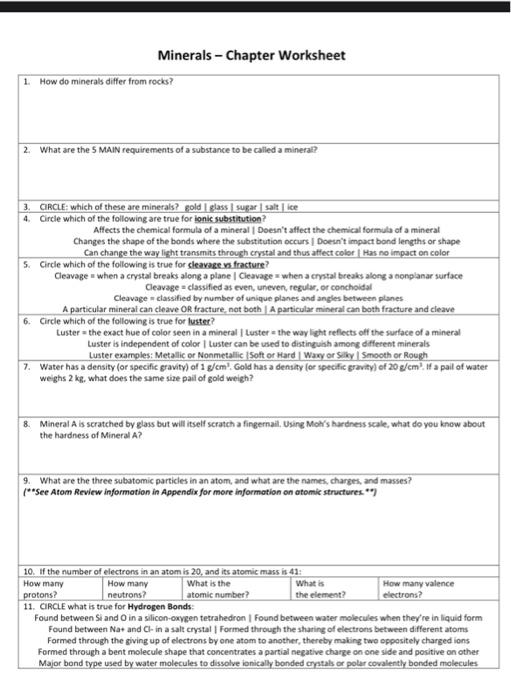 Solved Minerals - Chapter Worksheet 1. How do minerals | Chegg.com