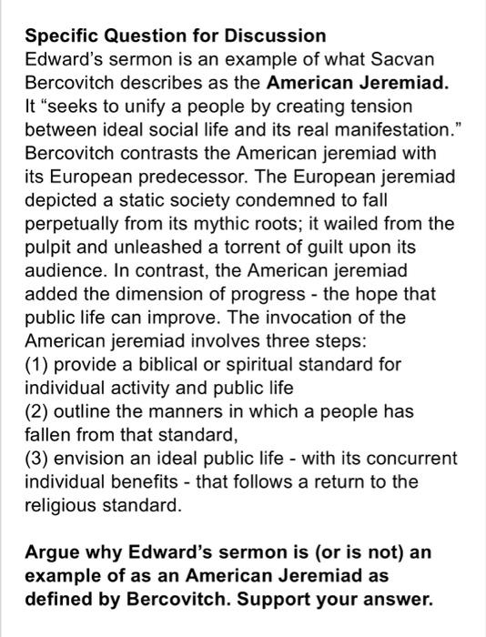 Specific Question for Discussion Edward's sermon is | Chegg.com