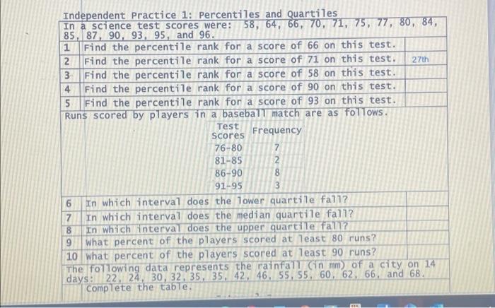 Solved Independent Practice 1: Percentiles and Quartiles In | Chegg.com