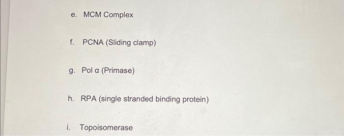 Solved e. MCM Complex f. PCNA (Sliding clamp) g. Pol a | Chegg.com