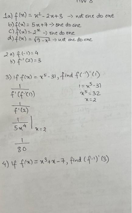 Solved 1a) f(x)=x2−2x+3→ not one to one b) f(x)=5x+7→ the to | Chegg.com