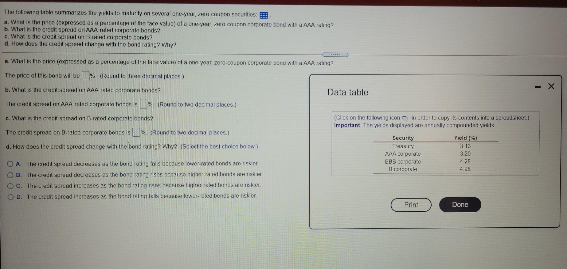Solved The following table summarizes the yields to maturity | Chegg.com