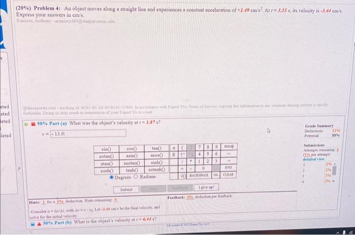 Solved 20 Problem 4 An Object Moves Along A Straight