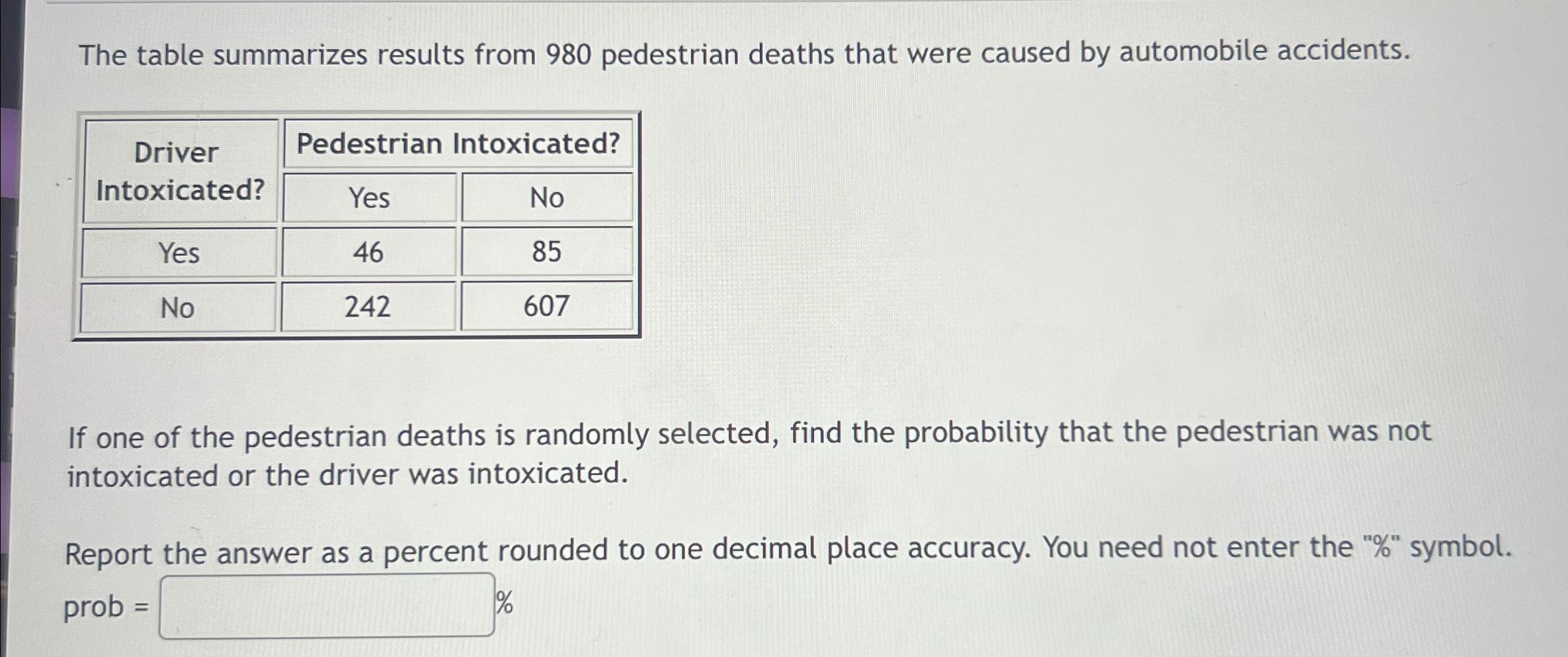 Solved The table summarizes results from 980 ﻿pedestrian | Chegg.com