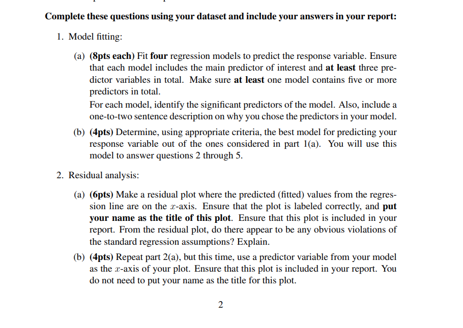 Solved Stat 351 ﻿Project 2: Fitting a regression modelDue: | Chegg.com