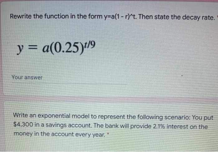 Solved Rewrite the function in the form y=a(1 - r)^t. Then | Chegg.com