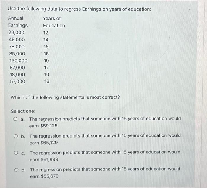 Solved Use the following data to regress Earnings on years | Chegg.com