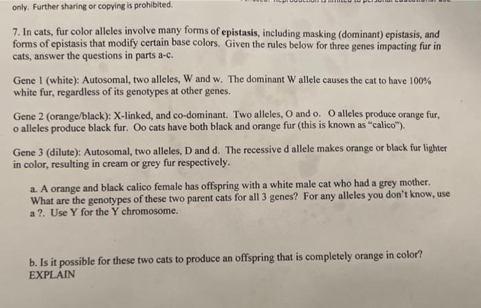Solved 7. In cats, fur color alleles involve many forms of | Chegg.com