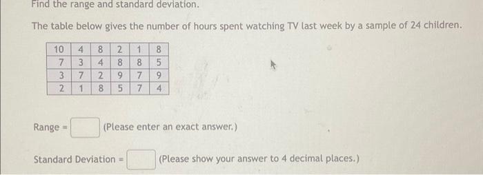 Solved Find the range and standard deviation. The table | Chegg.com